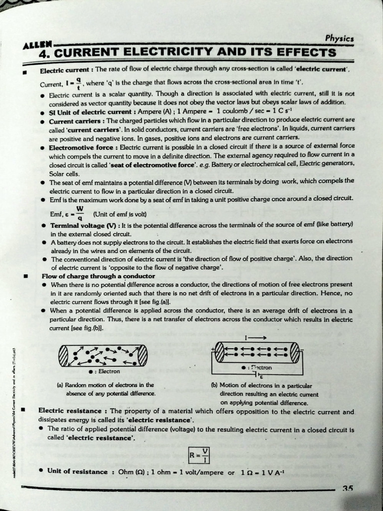 Electricity Theory Allen | PDF | Electric Current | Voltage