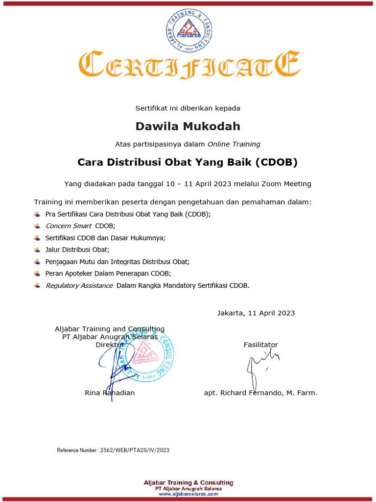 2.3.2 Sertifikat Pelatihan CDOB | PDF