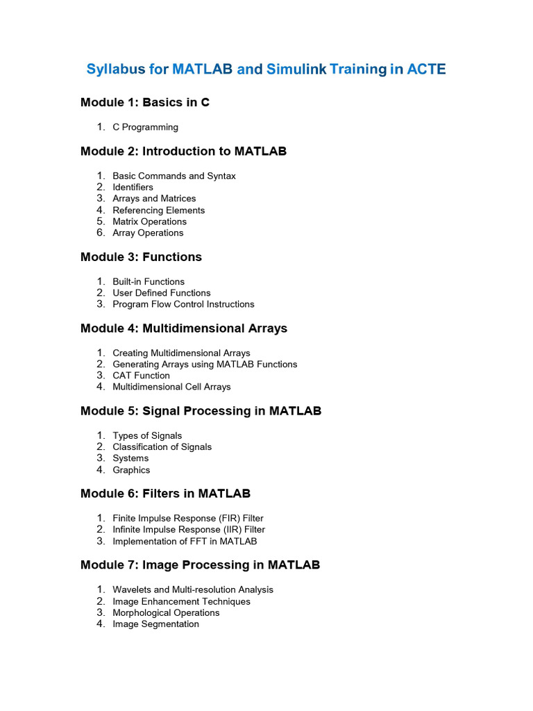 Syllabus For MATLAB and Simulink Training in ACTE | PDF