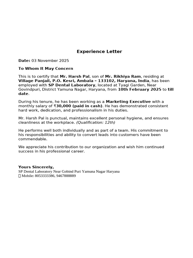 Experinece Letter Sample - Final | PDF