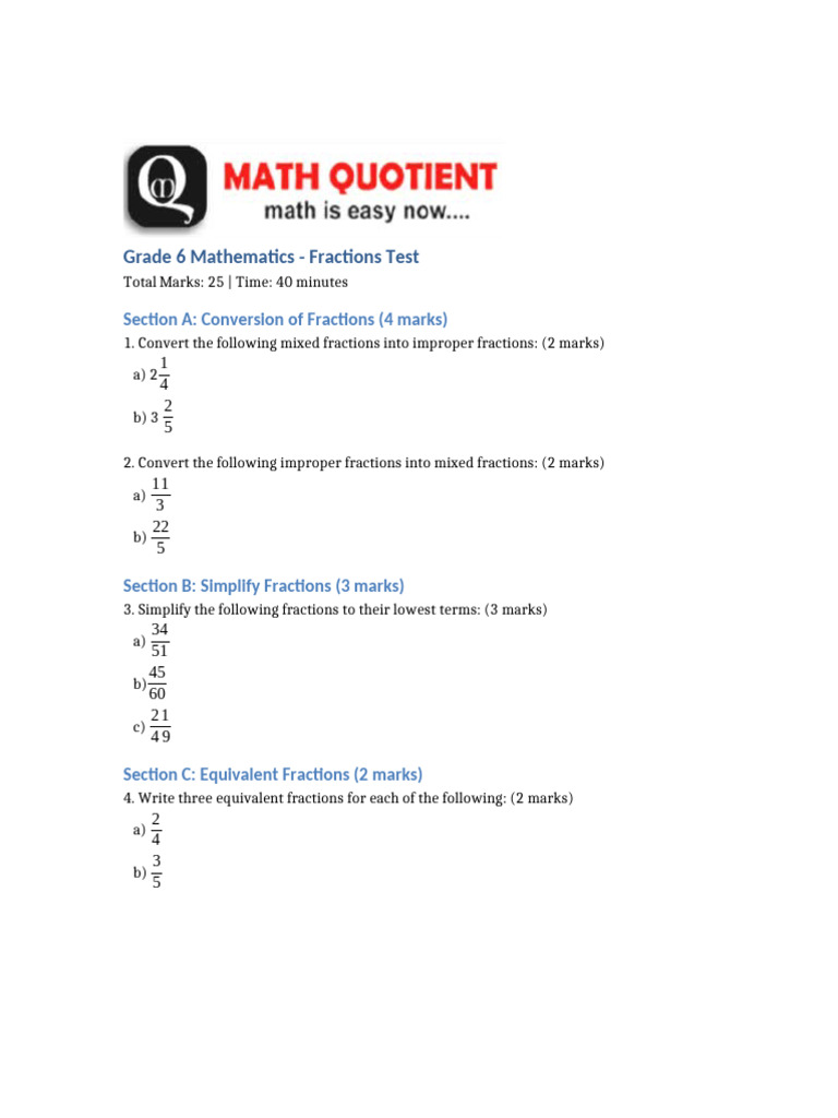 Grade 6 Fractions Test Worksheet | PDF