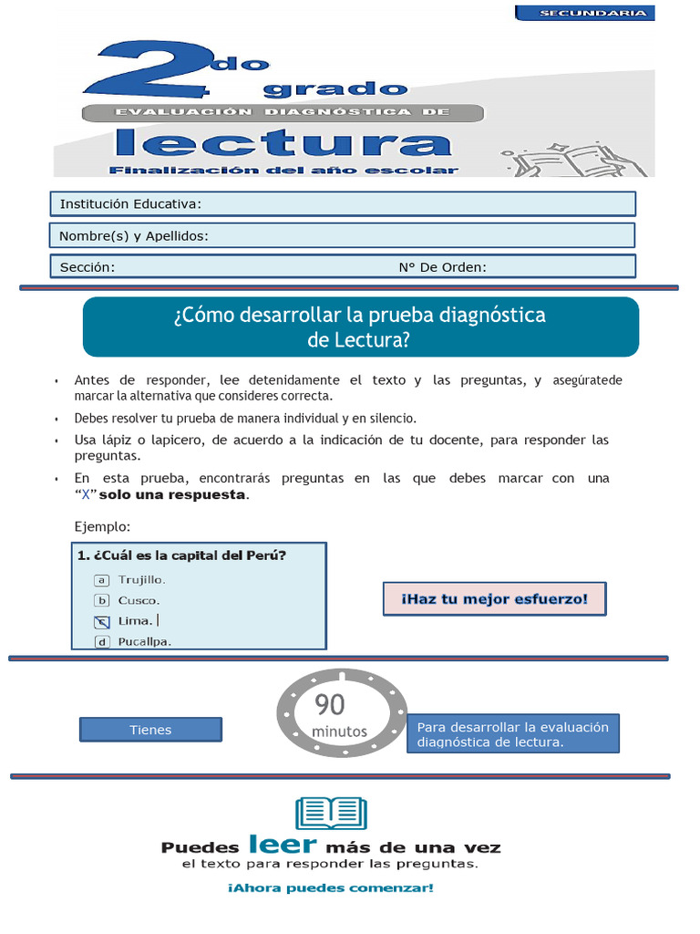 Prueba Diagnóstica de Lectura - Finalización Del Año Escolar 2° Grado ...