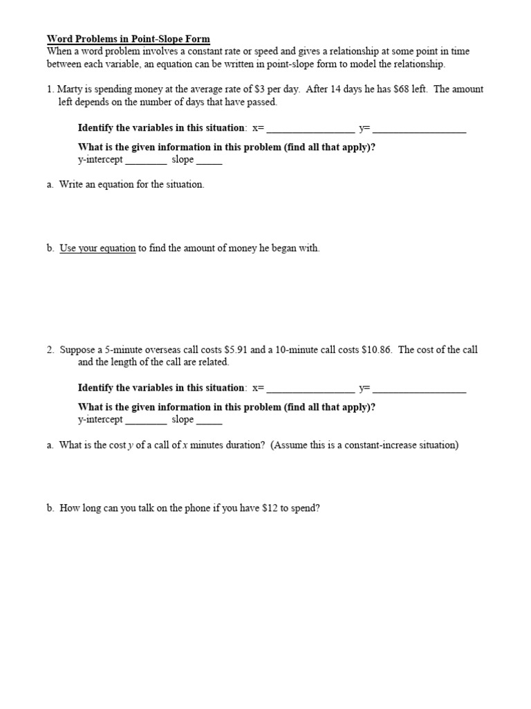 Point-Slope Form Word Problems Guide | PDF