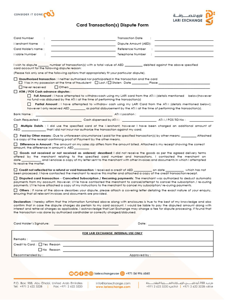 Card Transaction Dispute Form Template | PDF | Credit Card | Debit Card