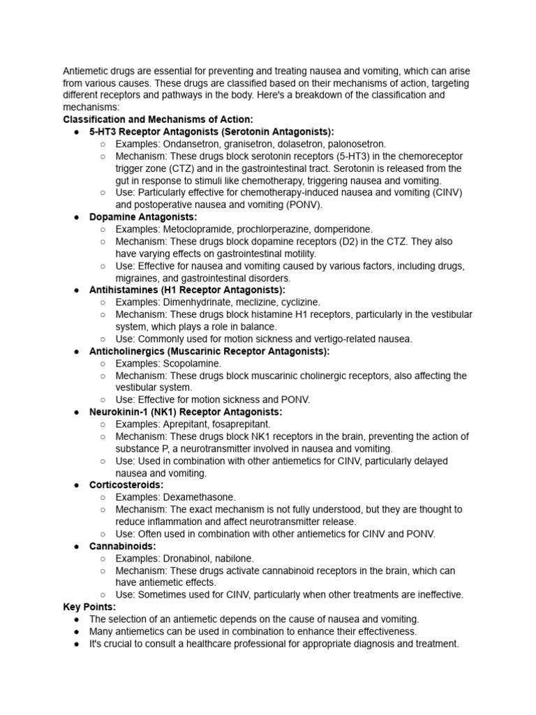 Anti Emetic Drugs Classification and Mechanism of ... | PDF | Nausea | Drugs Acting On The ...