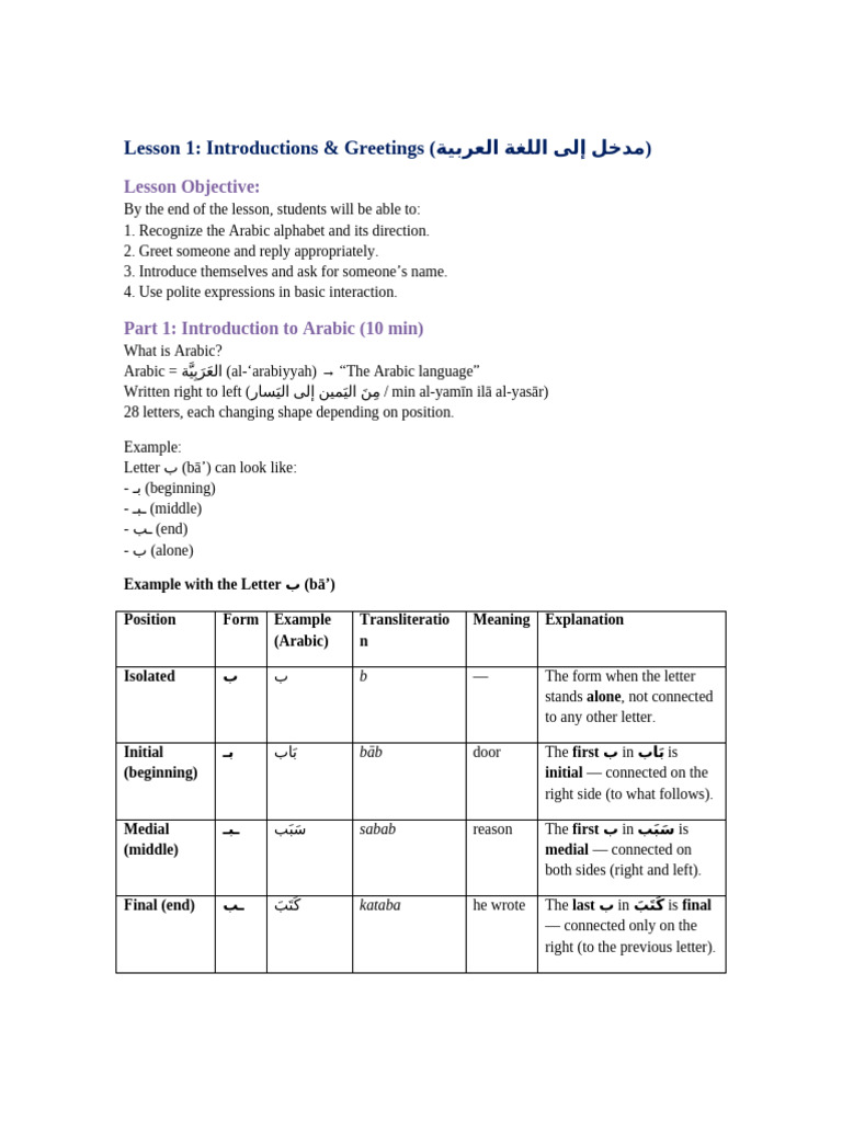 Arabic Lesson 1 Introductions and Greetings | PDF | Linguistics | Languages