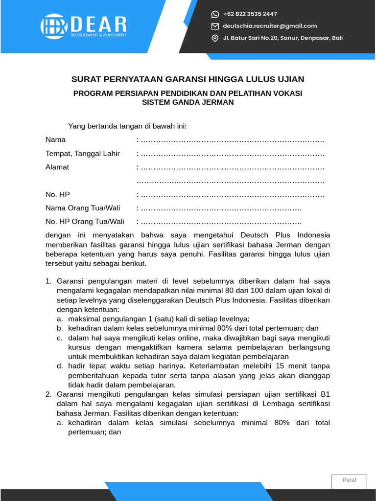 Surat Pernyataan Garansi Hingga Lulus Ujian - DeAR | PDF