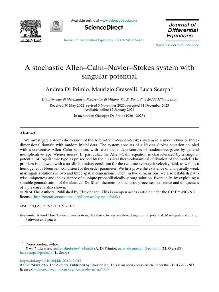 A Stochastic Allen-Cahn-Navier-Stokes System With Singular Potential | PDF | Navier–Stokes ...