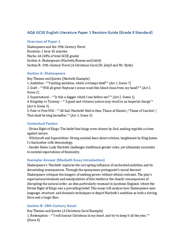 AQA GCSE English Lit Paper 1 Guide | PDF | A Christmas Carol | Macbeth