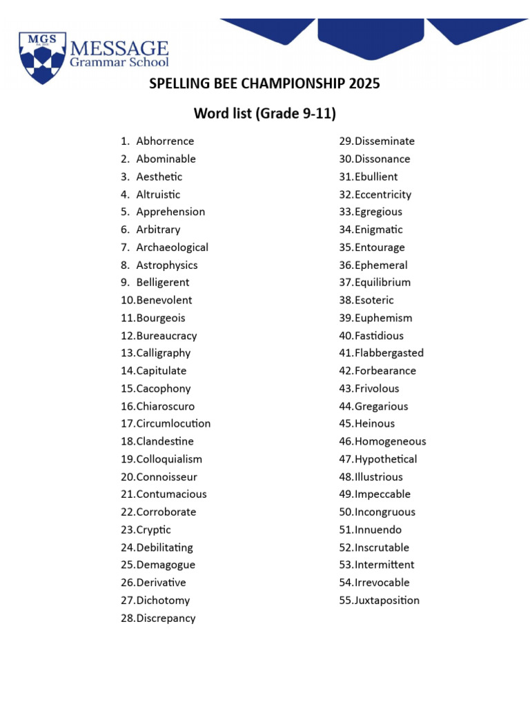 Spelling Bee Championship 2025 Y9-11 r1 | PDF