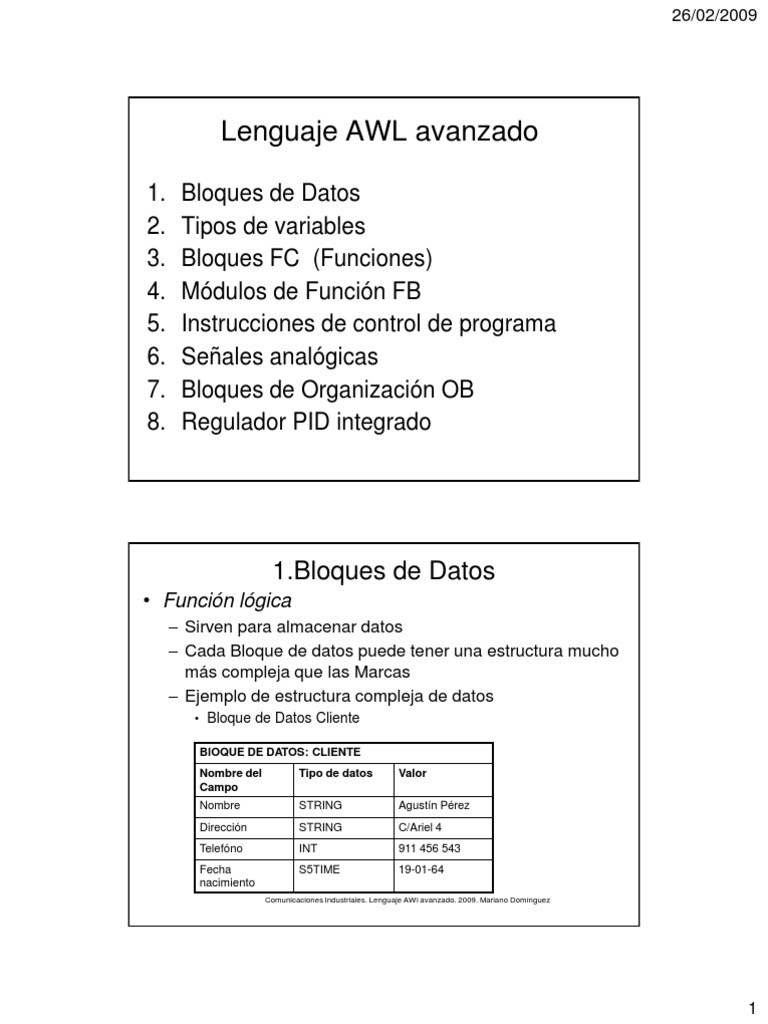 Lenguaje AWL Avanzado: Bloques y Variables | PDF | Señal analoga ...