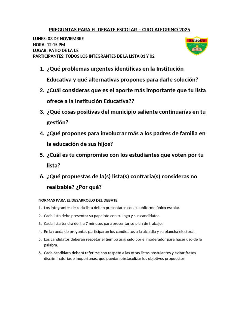Preguntas para el Debate Escolar 2025 | PDF