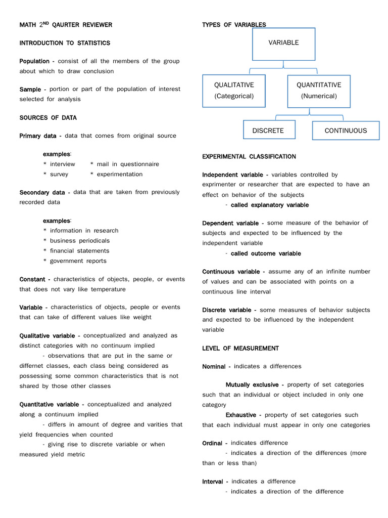 Math 2nd Quarter Reviewer | PDF | Sampling (Statistics) | Categorical Variable