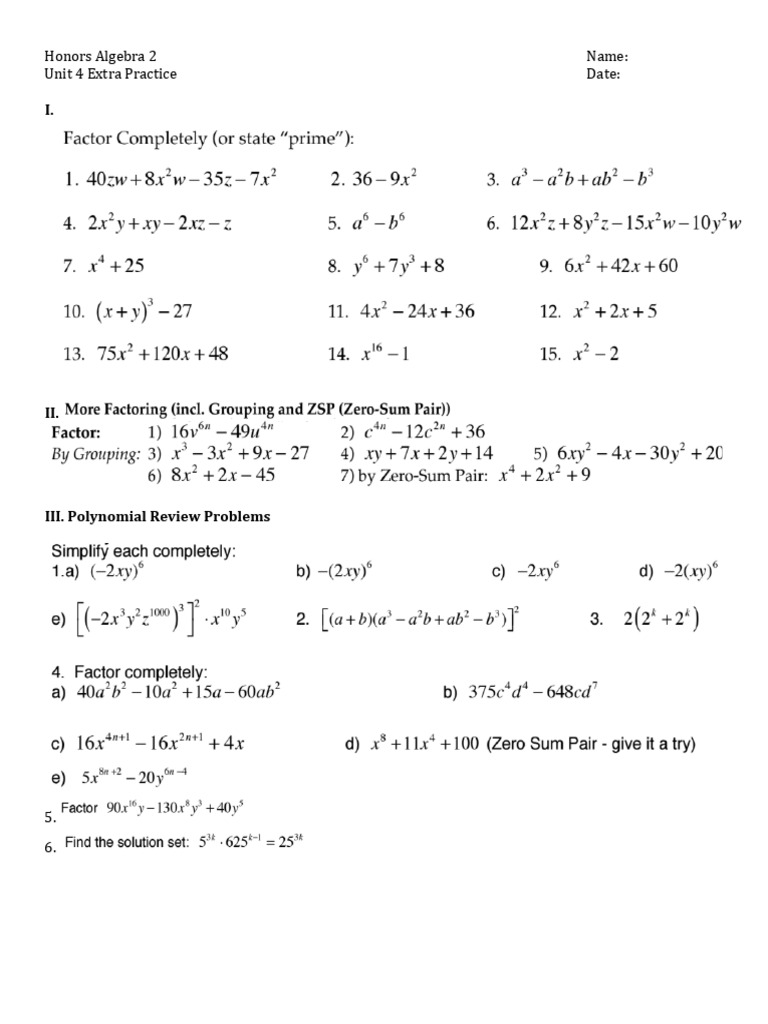 Honors Algebra 2 Unit 4 Practice | PDF