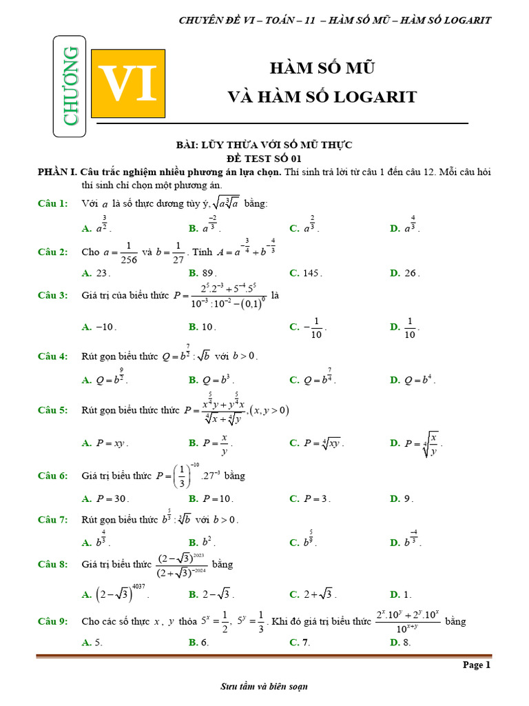 Hàm Số MŨ Và Hàm Số Logarit: Bài: AV IS C 01 N I. Câu tr c nghi m nhi ach n | PDF