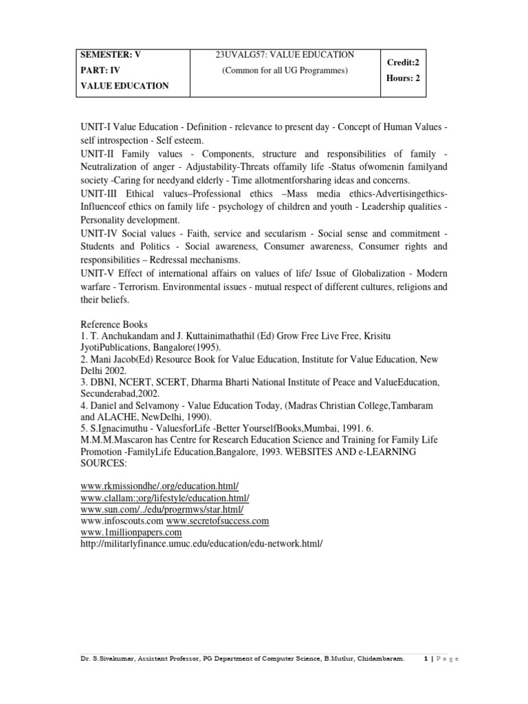 Value Education Curriculum Overview | PDF | Value (Ethics) | Integrity