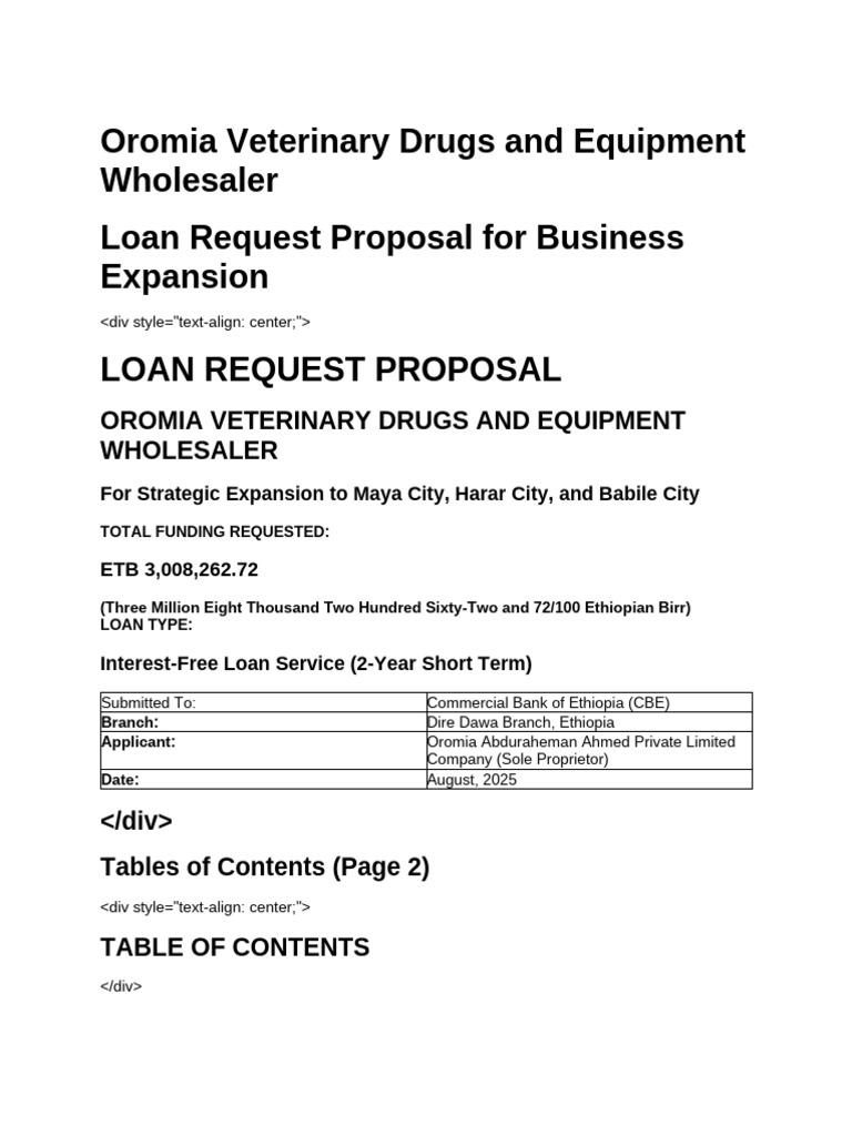 Oromia Veterinary Loan Proposal for Expansion | PDF | Equity (Finance ...