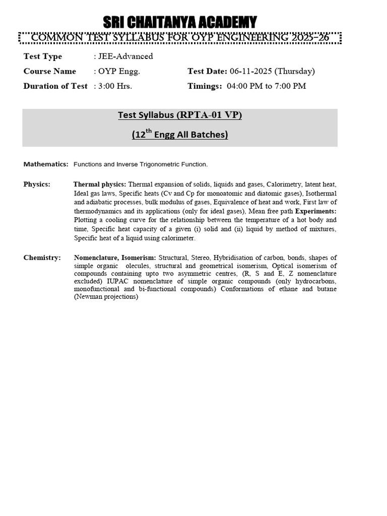 Test Syllabus - 12th Engg All Batches - 06!11!2025 - JEE-Adv | PDF