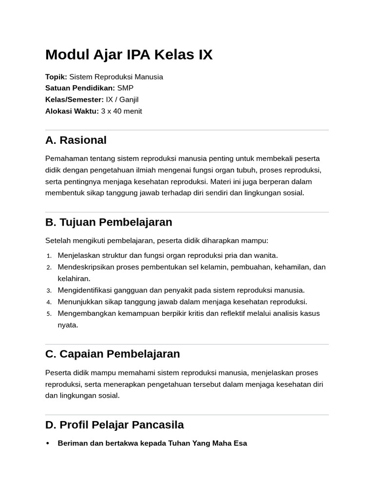 Modul IPA: Sistem Reproduksi Manusia | PDF