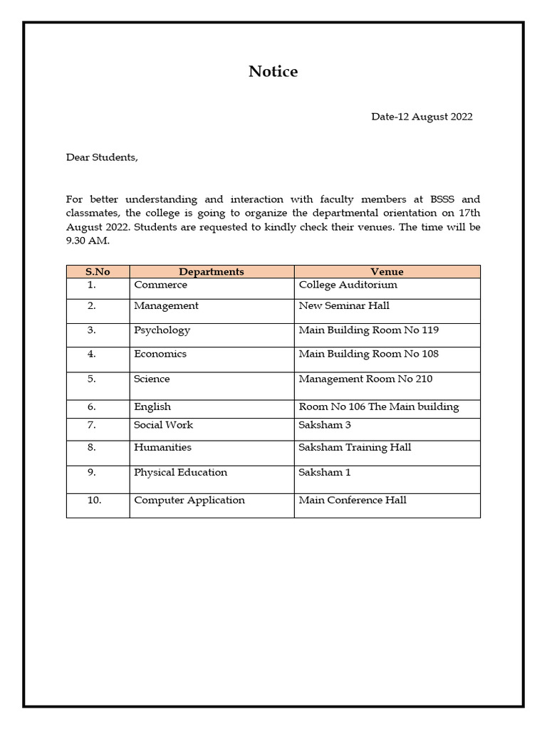Departmental Orientation Venues 2022 | PDF