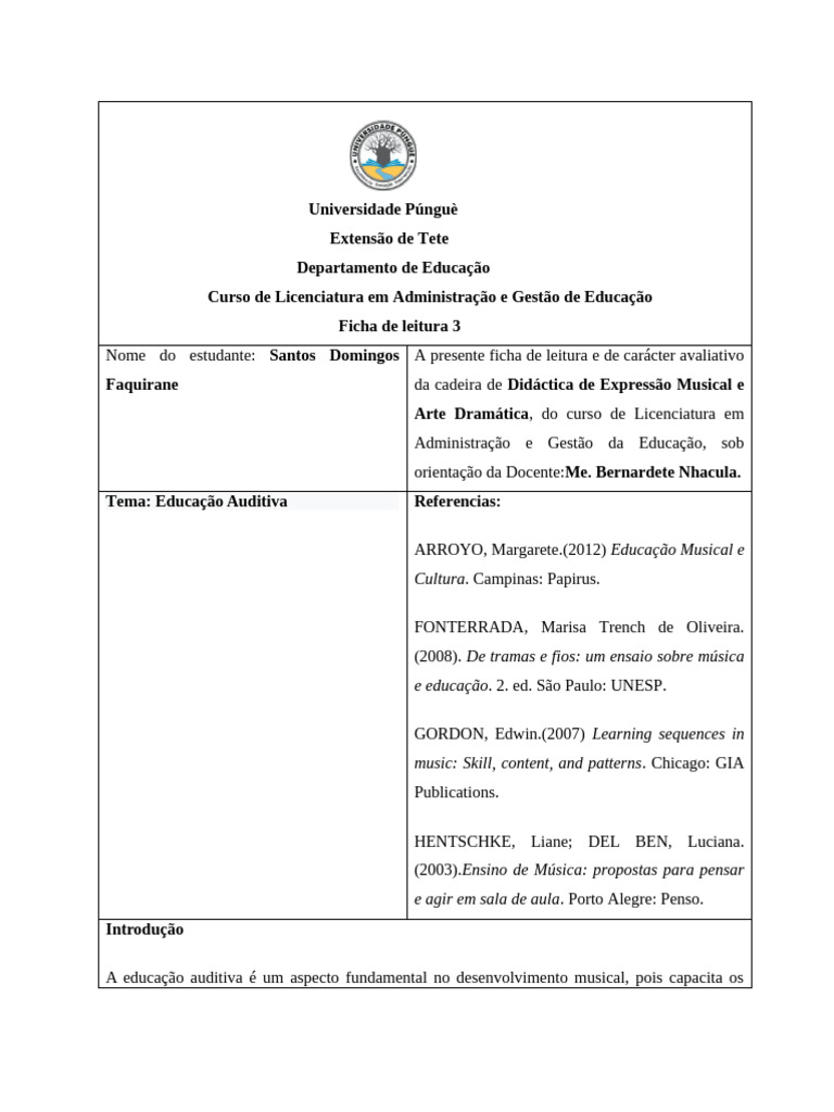 Ficha de Didáctica de Expressão Musical e Arte Dramática | PDF ...