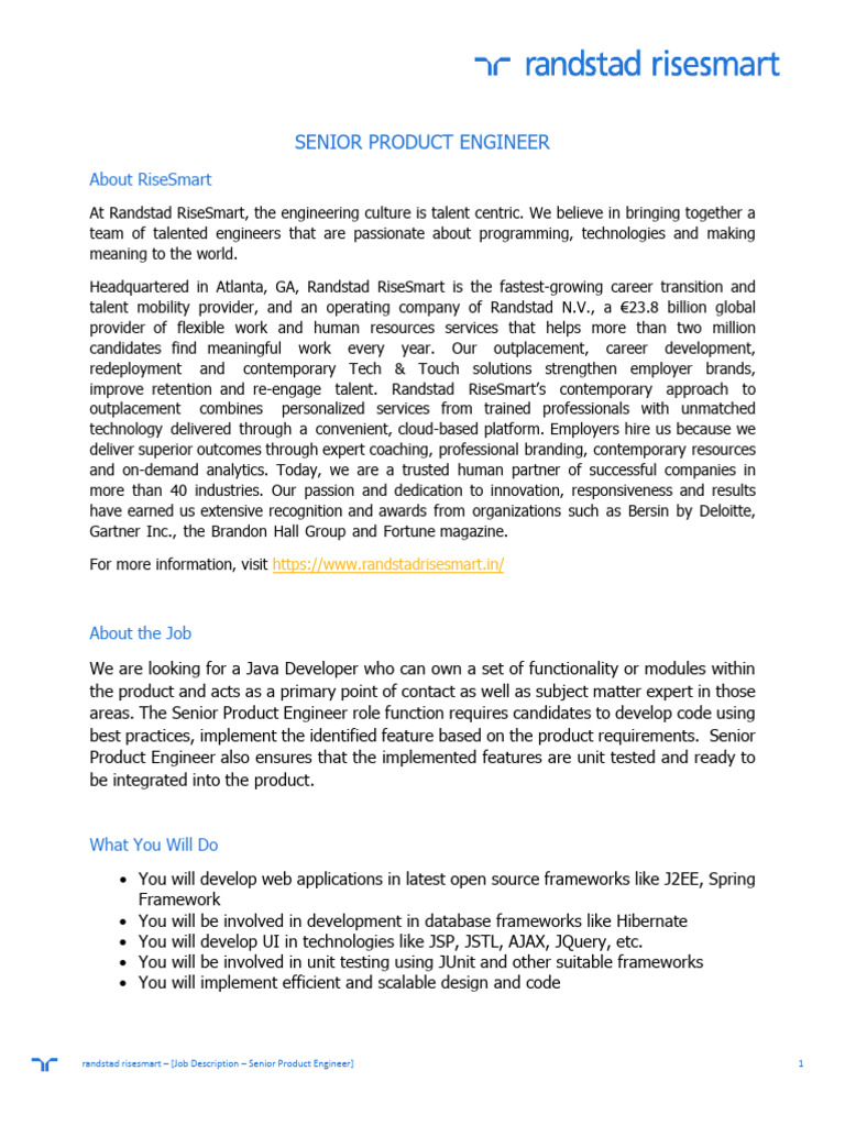 Senior Product Engineer Job at RiseSmart | PDF | Computing | Software ...