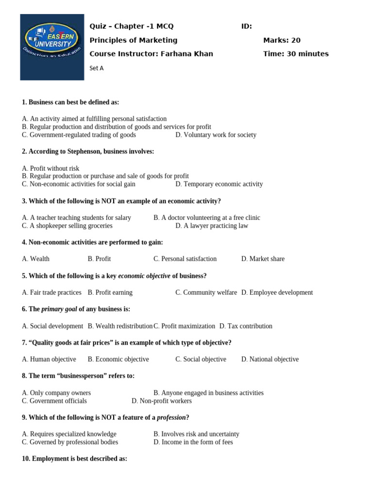 Marketing Principles Quiz MCQs | PDF | Commerce | Business