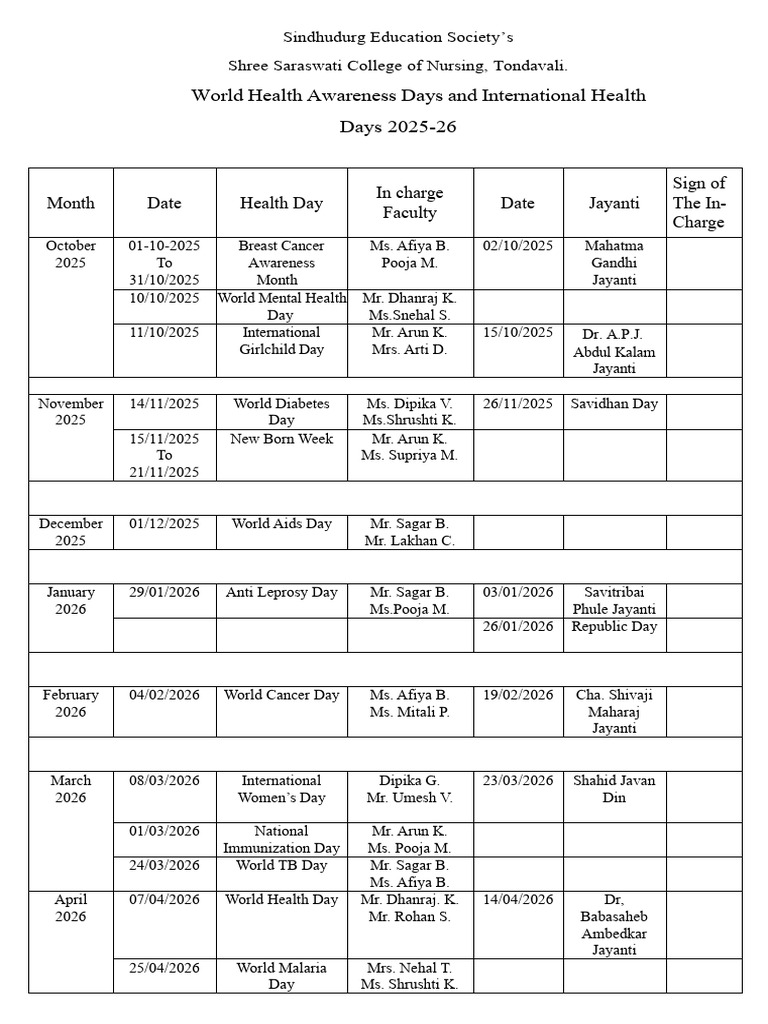 World Health Days Calendar 2026 | PDF