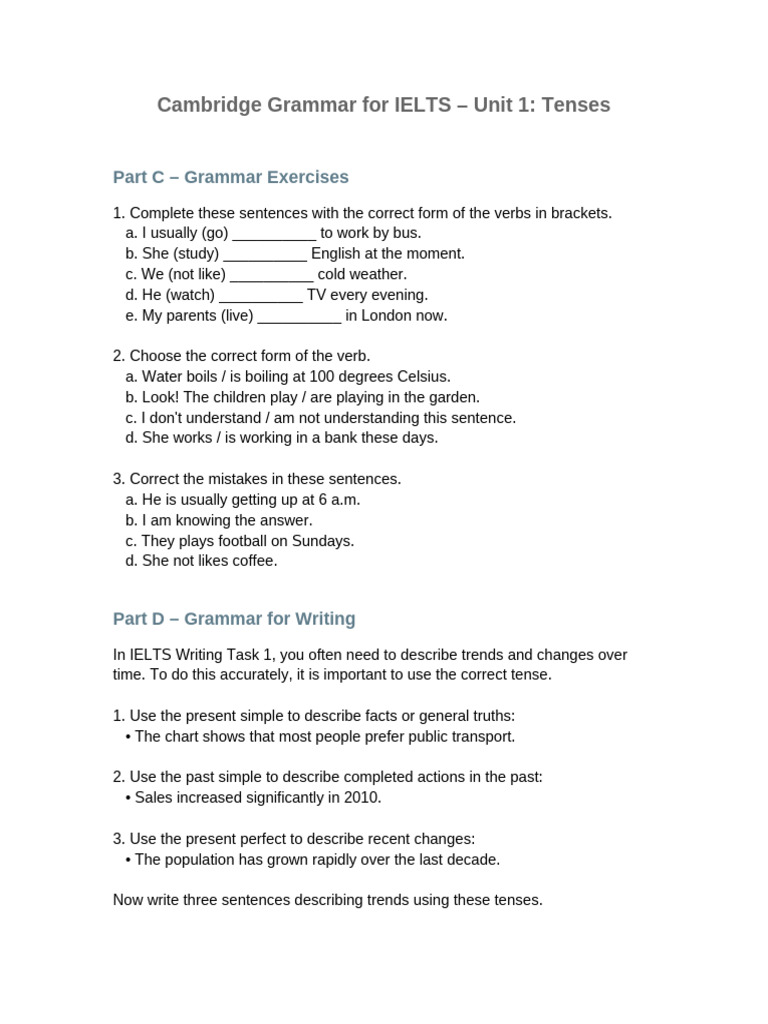 Cambridge Grammar For IELTS - Unit 1 (C & D) | PDF
