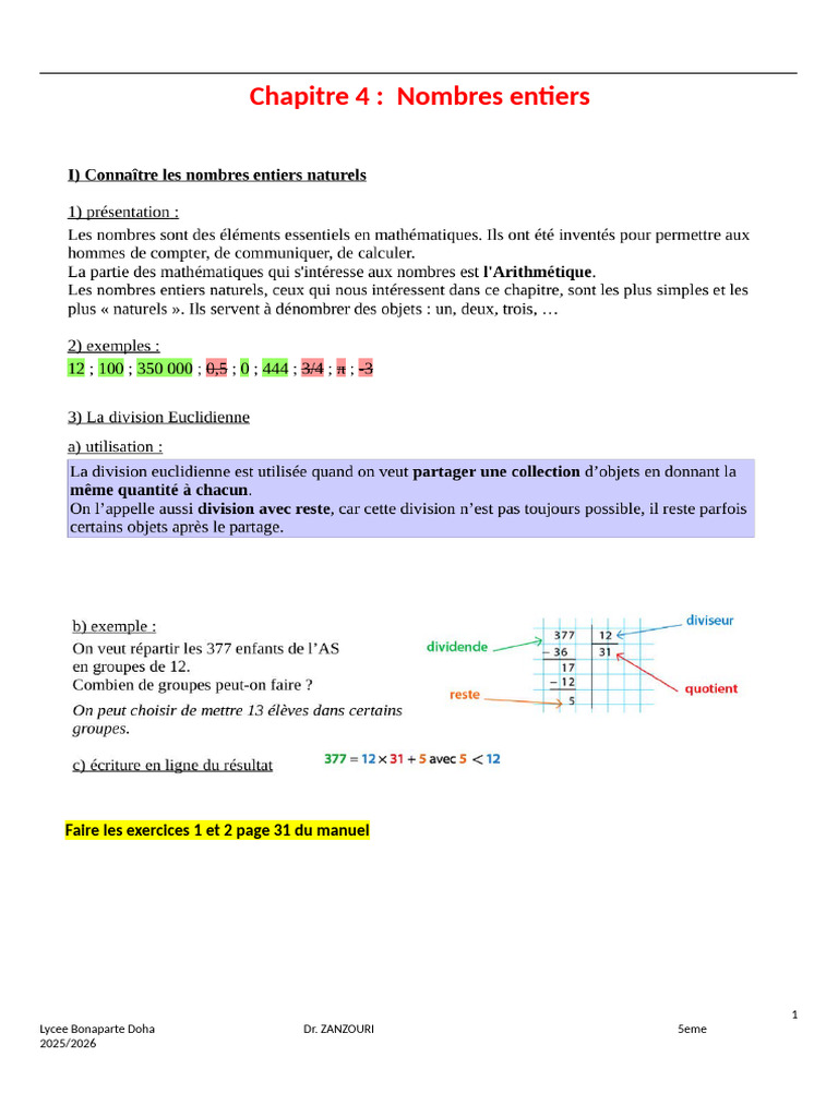 Exercices sur les Nombres Entiers 5ème | PDF | Entier naturel ...