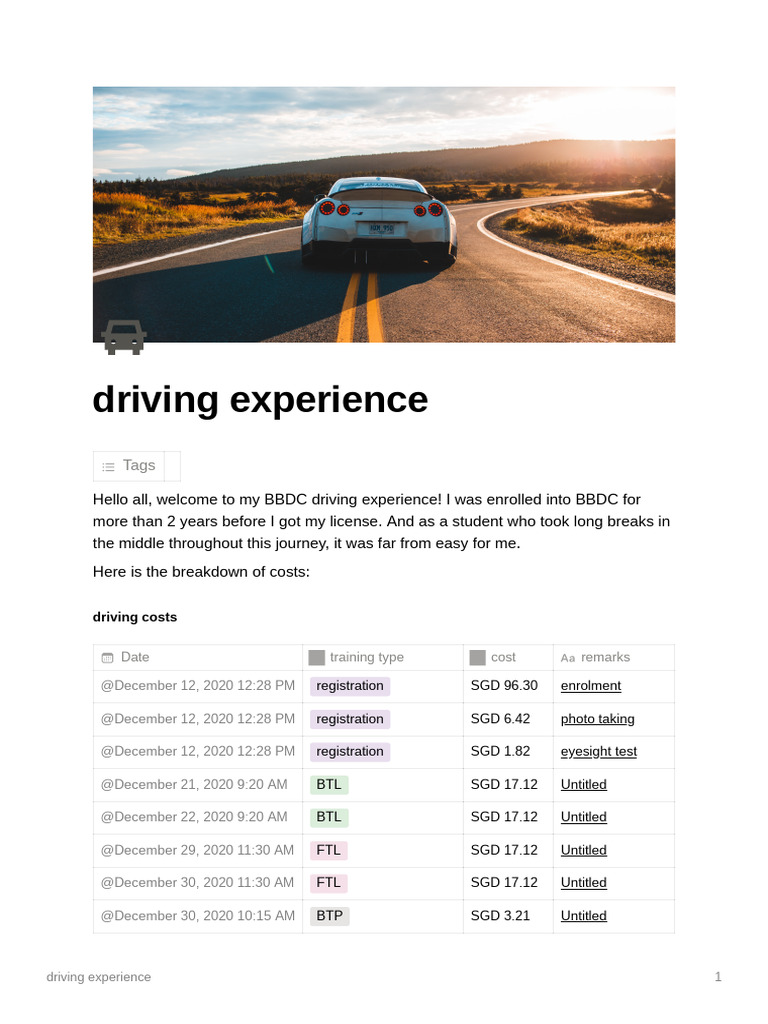 BBDC Driving Experience Costs Breakdown | PDF | Traffic | Traffic Light