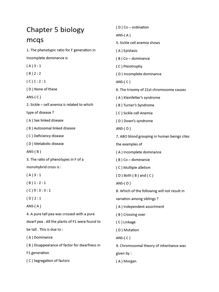 Chapter5 Biology Mcqs | PDF | Dominance (Genetics) | Genotype