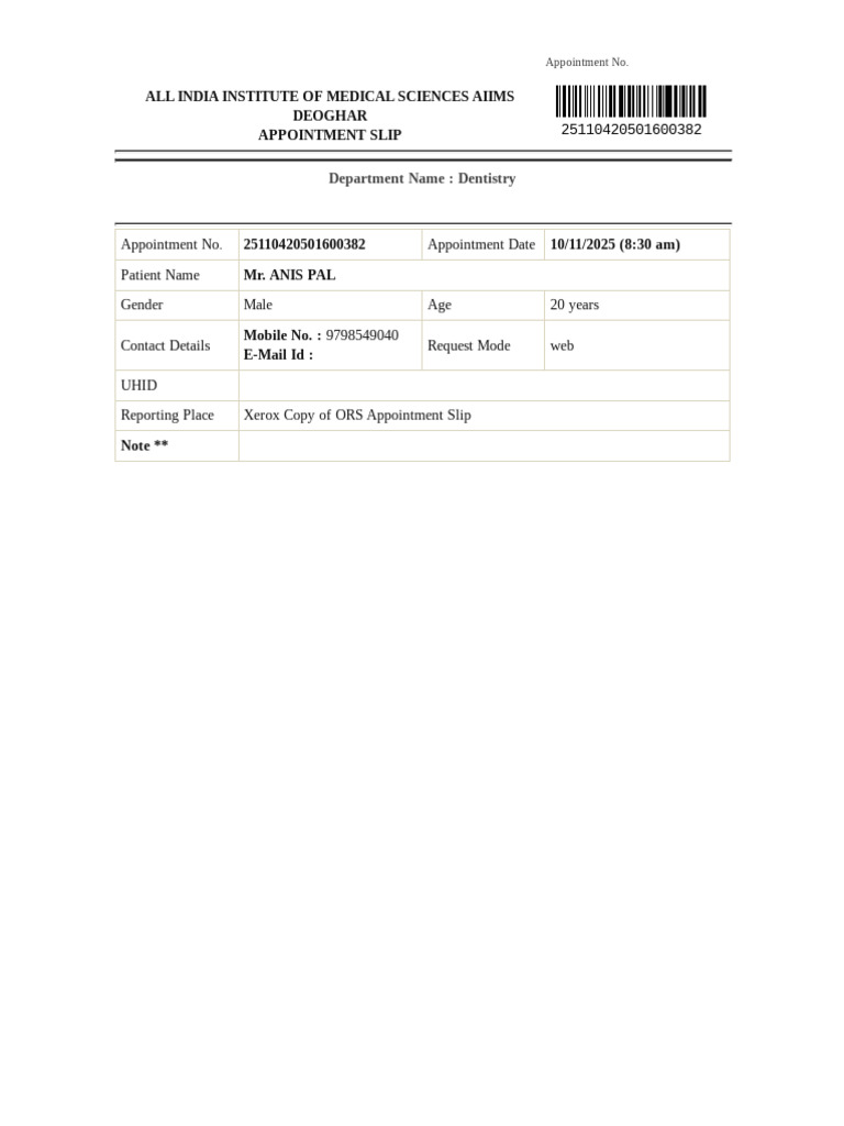 AIIMS Deoghar Appointment Slip | PDF