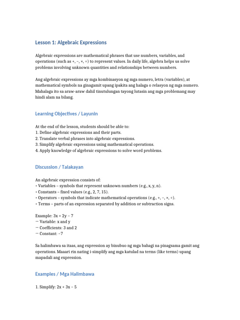 Understanding Algebraic Expressions | PDF | Variable (Mathematics ...