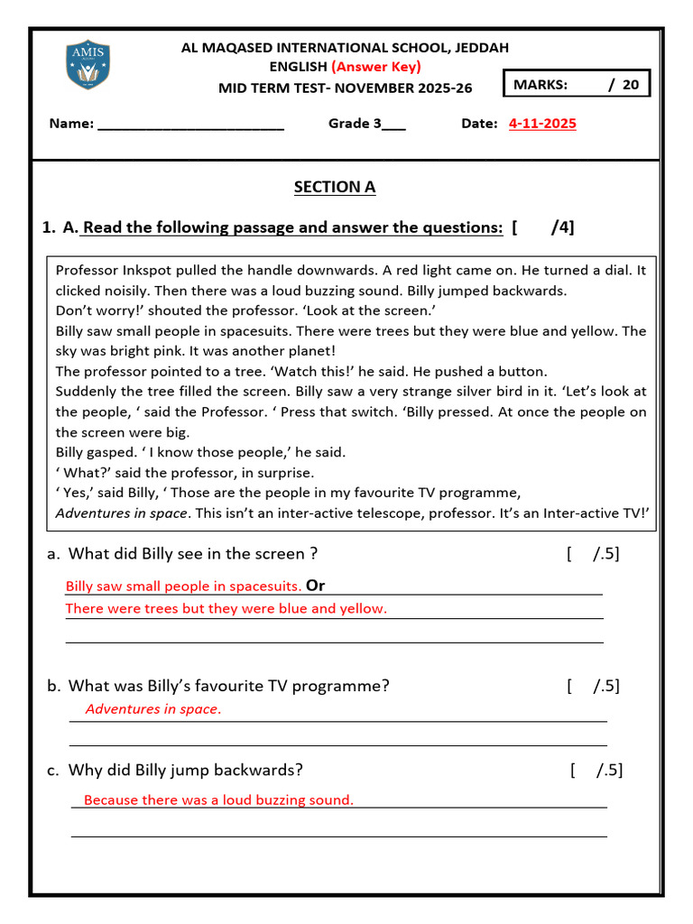 g3 English 1st Mid Term Test2025-26 Answer Key | PDF | Desert | Soil
