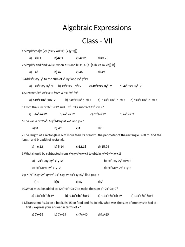 Algebraic Expressions Class 7 | PDF | Length | Chess Theory