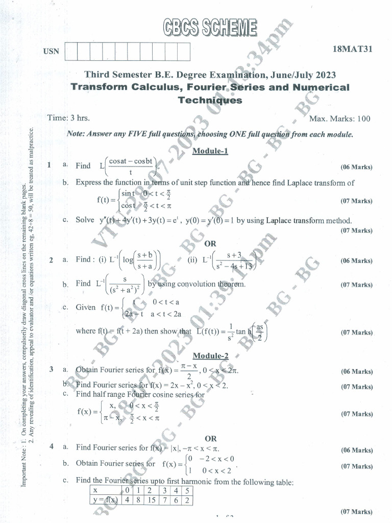 Transform Calculus Fourier Series and Numerical Techniques (18MAT31) | PDF