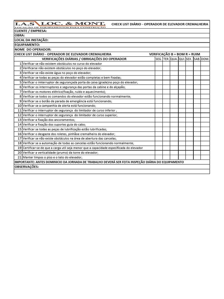 Checklist Diário para Operador de Elevador | PDF