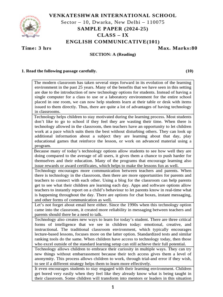 Sample Paper Class Ix | PDF | Happiness | Classroom