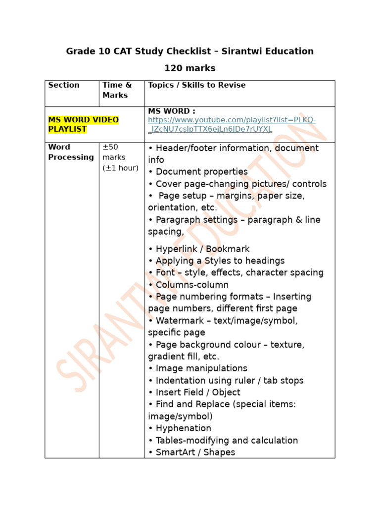 Grade 10 CAT Study Checklist Guide | PDF | Microsoft Word | Spreadsheet