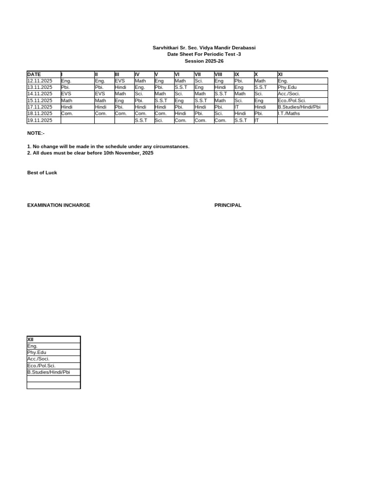 Periodic Test-3 Datesheet | PDF