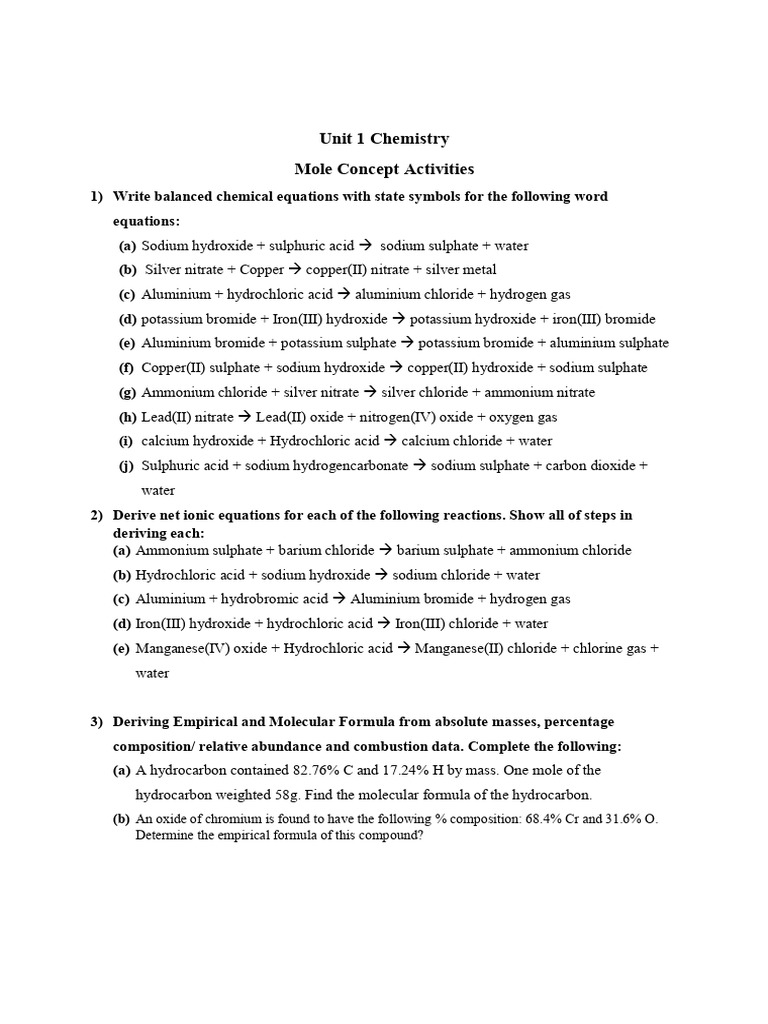 Unit 1 Chemistry Mole Concept Activity Sheet | PDF | Oxide | Hydroxide