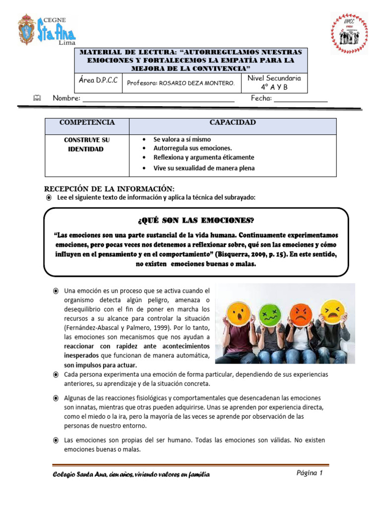 DPCC 4° 2025 Material de Lectura Autorregulación y Empatia | PDF | Las emociones ...