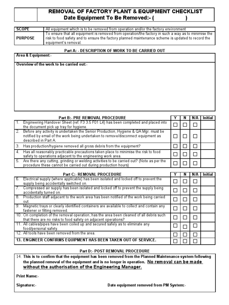 Factory Equipment Removal Checklist | PDF | Factory | Safety