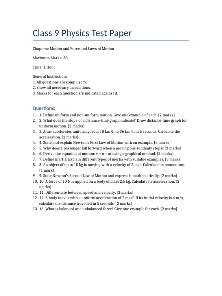 Class9 Physics Test Motion Force | PDF