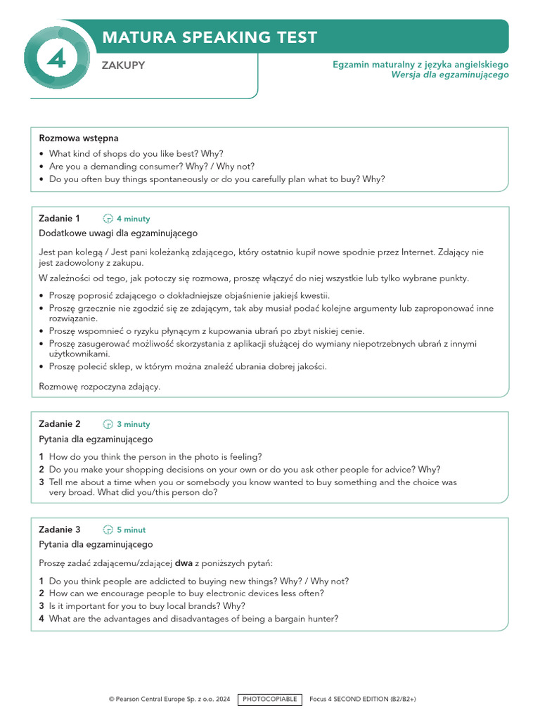 Focus4 2E Matura Speaking Unit 4 for Teacher | PDF