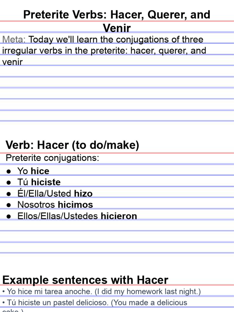 Preterite+Verbs +Hacer,+Querer,+and+Venir | PDF | Grabación de sonido ...