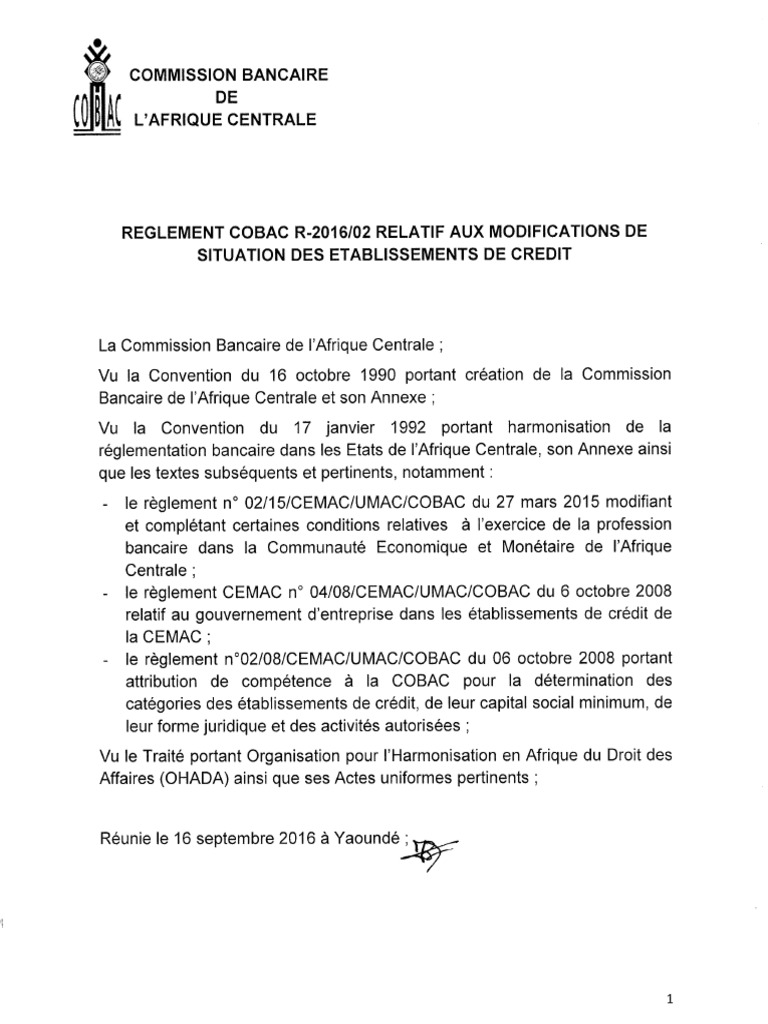 Règlement COBAC R-2016-02 Modifications de Situation Des Établissements ...