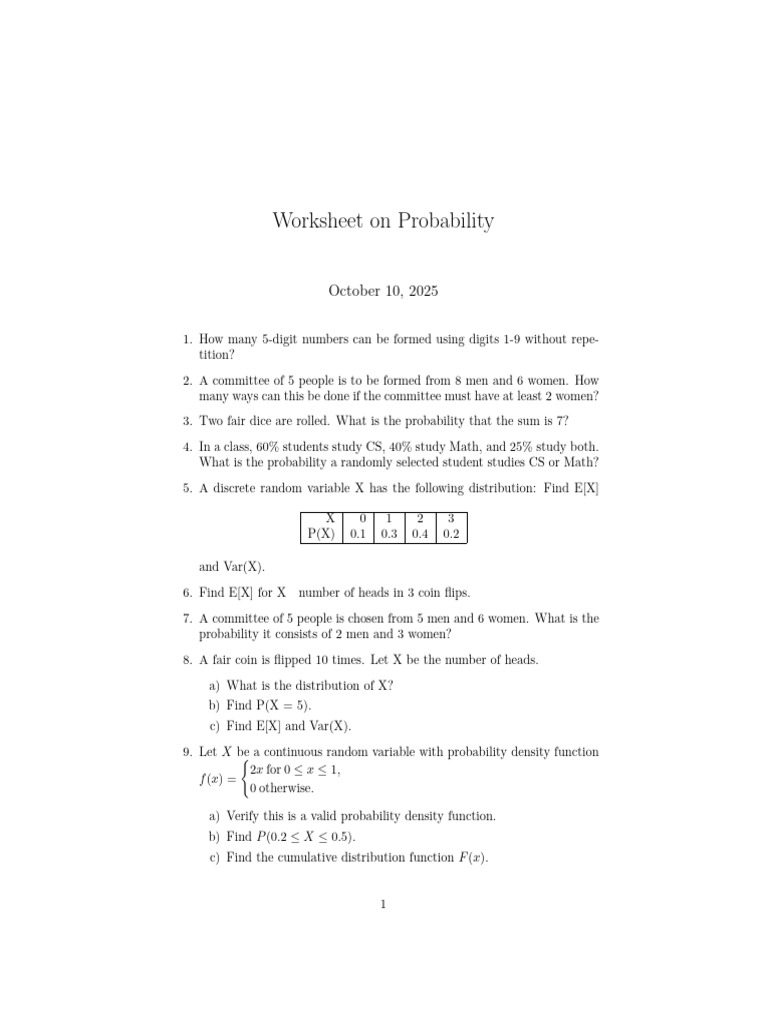 Worksheet On Probability | PDF | Probability Distribution | Variance