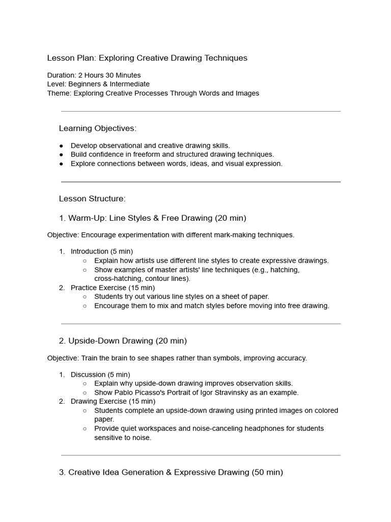 Lesson Plan - Exploring Creative Drawing Techniques | PDF | Drawing ...